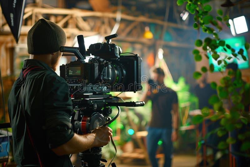 Professional Camera Operator Filming in a Studio Set Environment. Stock ...