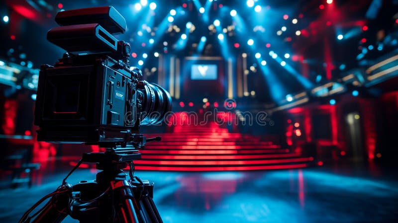 Camera Set for a Live Performance in a Vibrant Theater Setting at Night ...