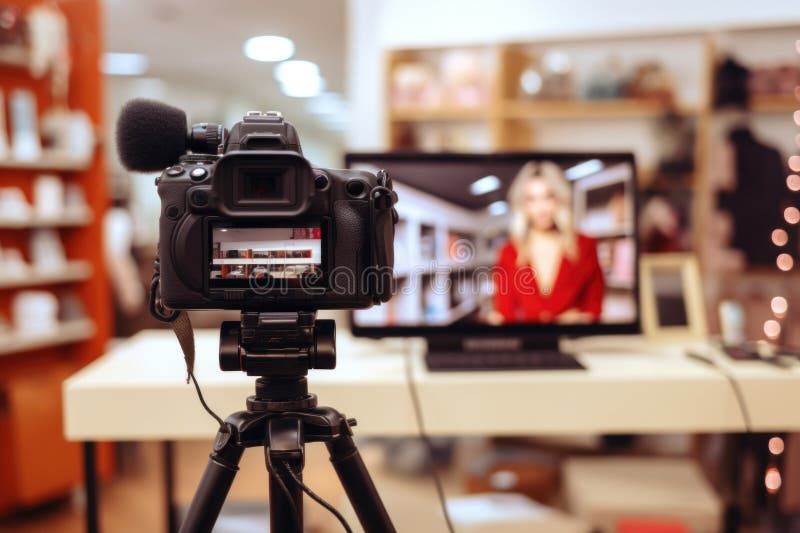 A Professional Camera Records a Female Vlogger in a Well-lit Studio ...