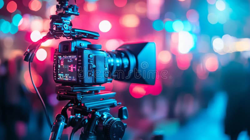 Professional Camera Setup for Filming with Colorful Lights Stock Photo ...