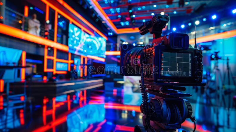 Professional Camera Setup in High-tech Broadcast Studio with Vibrant ...