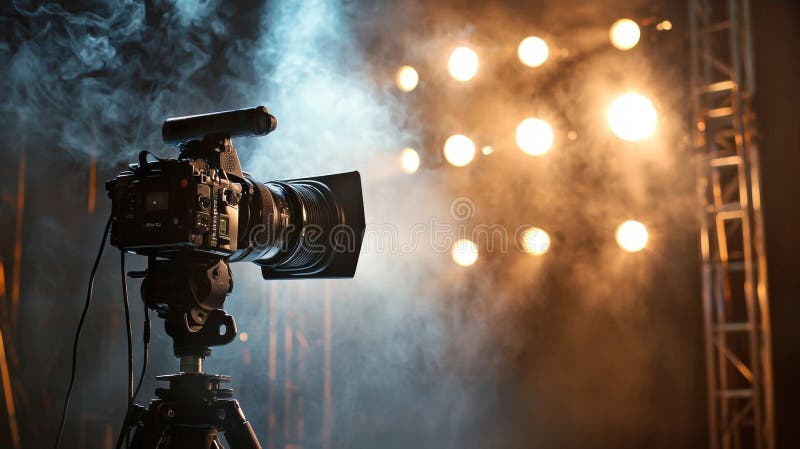 Professional Camera Setup on a Stage with Dramatic Lighting Stock Photo ...