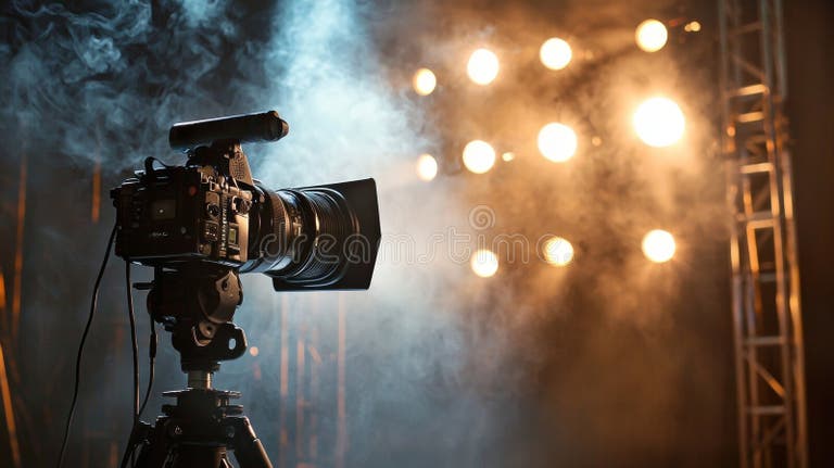 Professional Camera Setup on a Stage with Dramatic Lighting Stock Photo ...