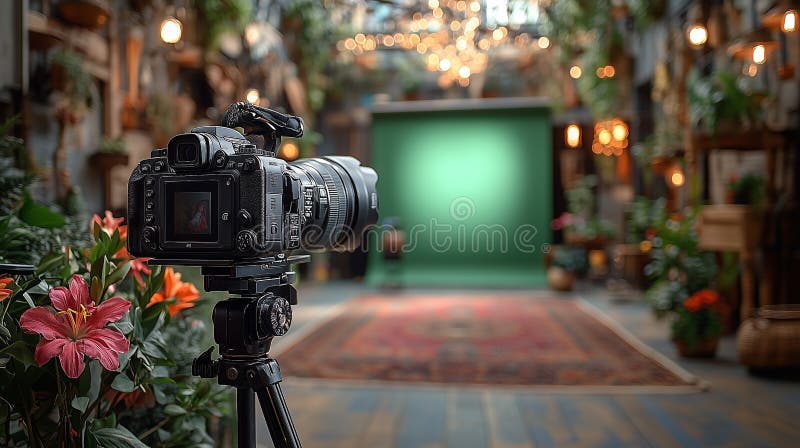 Professional Camera Setup in a Studio with Green Screen Stock ...