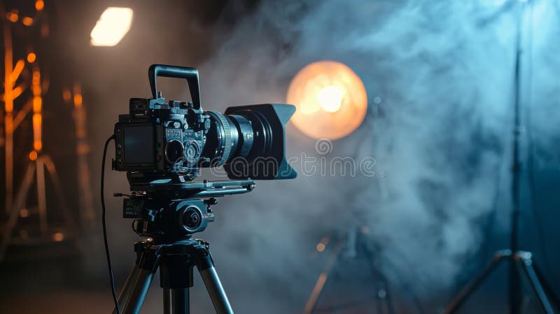 Professional Camera Setup in Studio with Smoke and Lights Stock Image ...