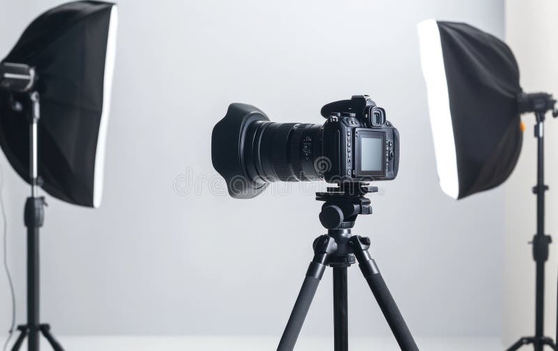 Professional Camera with Softbox Lighting on Tripod in Studio Stock ...