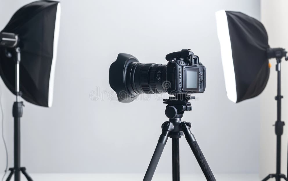 Professional Camera with Softbox Lighting on Tripod in Studio Stock ...