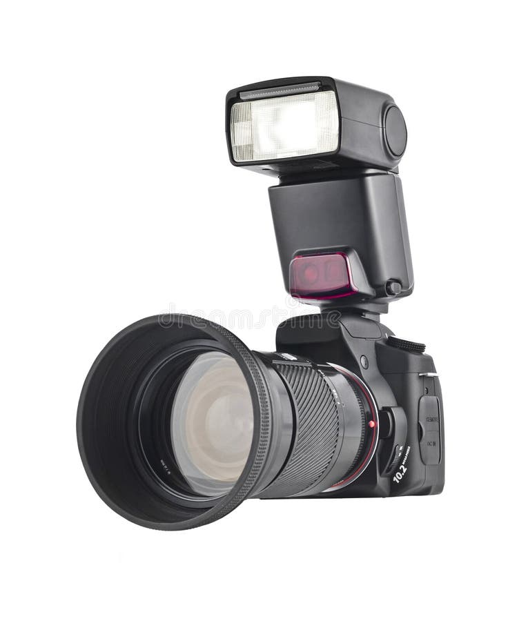 Professional Camera with Telephoto Lens and Flash Stock Image - Image ...