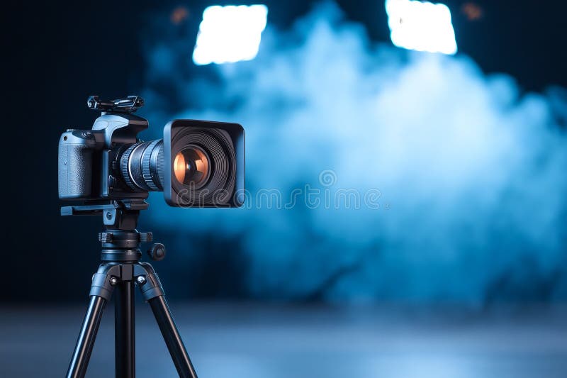 Professional Camera on Tripod with Bright Studio Lights and Smoke this ...