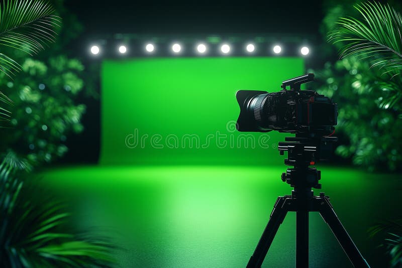 Professional Camera on Tripod in Green Screen Studio Surrounded by ...
