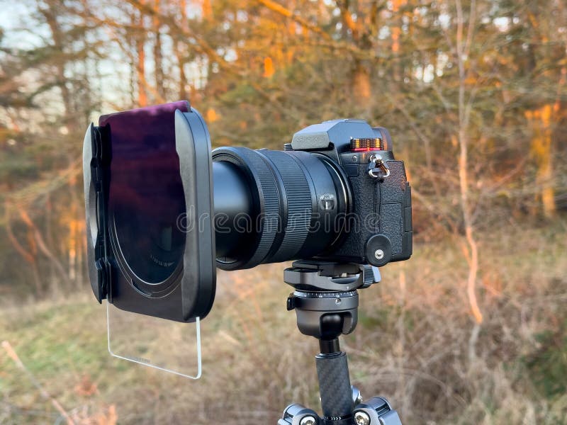 Professional Camera on Tripod with Lens Attachment in Nature Setting ...