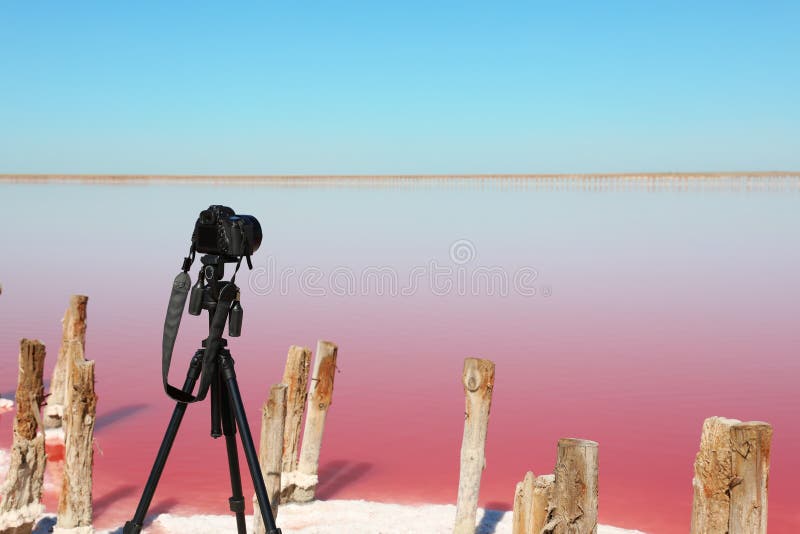 Professional Camera with Tripod Near Lake Stock Image - Image of modern ...