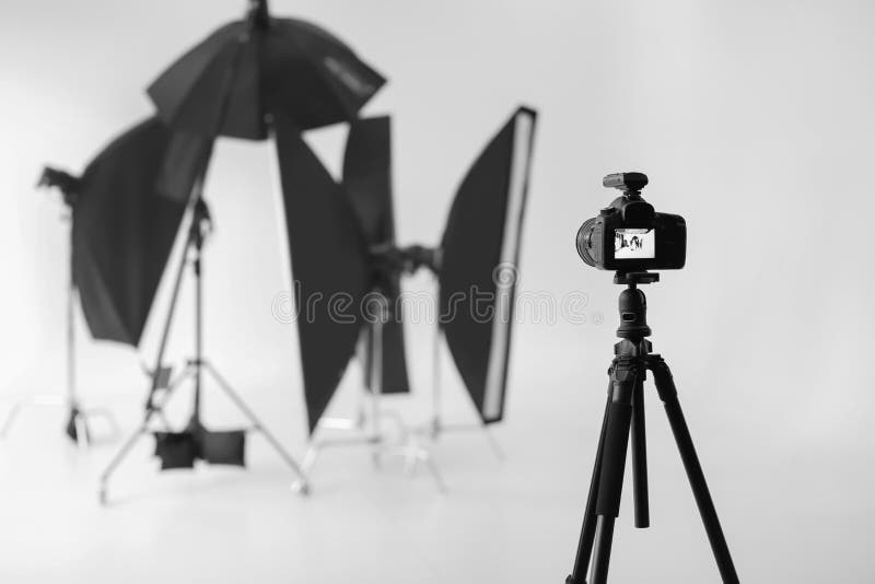 Professional Camera on Tripod in Photo Studio Stock Photo - Image of ...