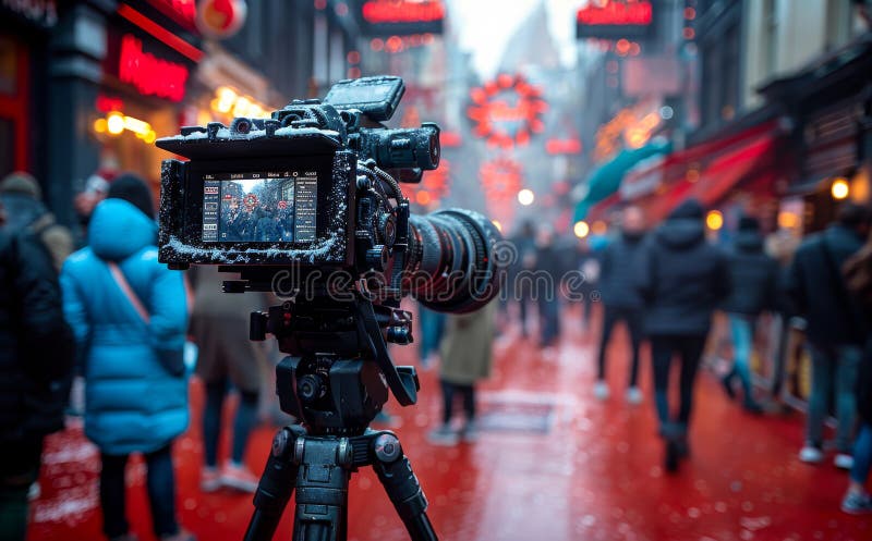 Professional Camera on Tripod Shooting Crowd on Rainy Street Stock ...