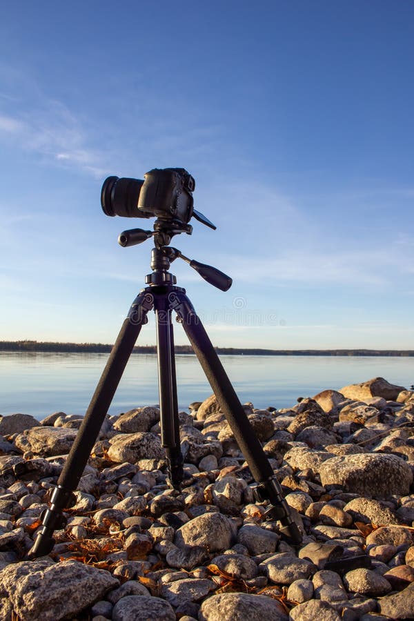 Professional Camera on Tripod at Shore Stock Photo - Image of coast ...