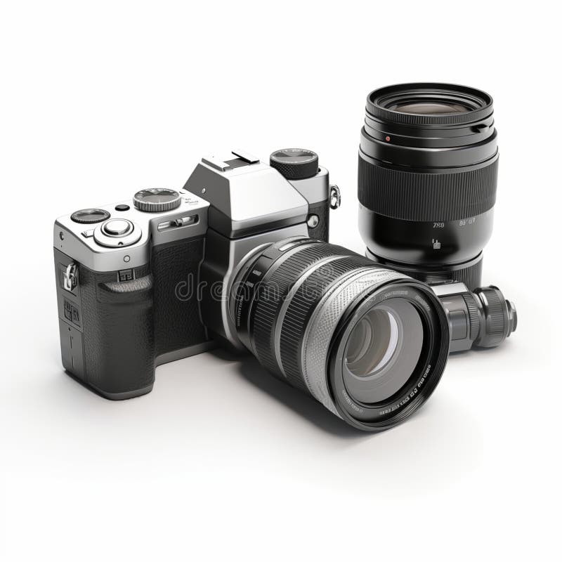 Professional Camera with Two Additional Lenses on White Background ...