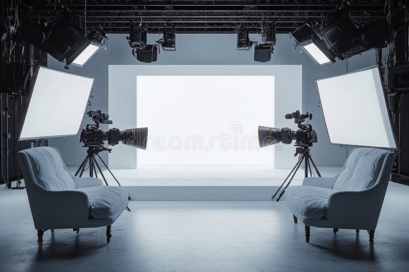 Professional Cameras and Sofas are Positioned on a Television Studio ...