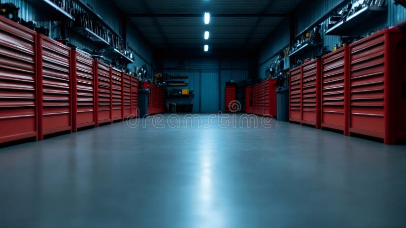 Professional Car Service Workshop with Red Tool Cabinets and Spare ...