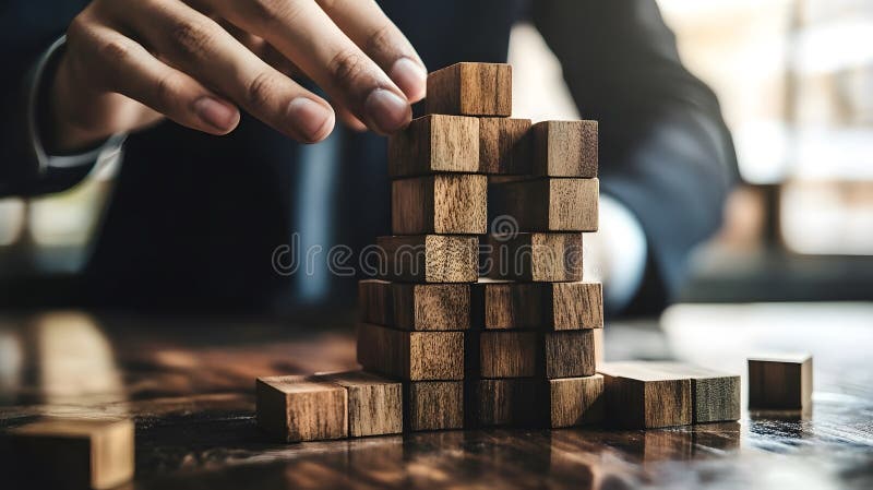 A Professional Carefully Stacking Wooden Blocks, Symbolizing Strategy ...