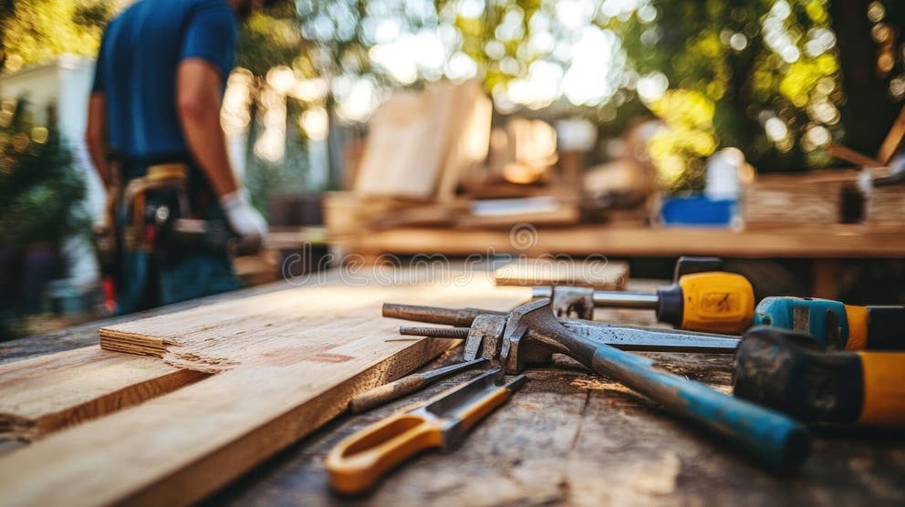 A Professional Carpenter is Working with Tools on a Wooden Table. Tools ...