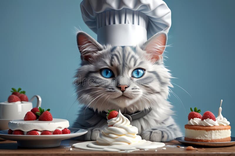 Professional Cat Pastry Chef Prepares Sweet Pastries and Cakes Stock ...