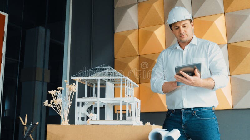 Smart Architect Engineer Using Tablet Analysis House Construction ...
