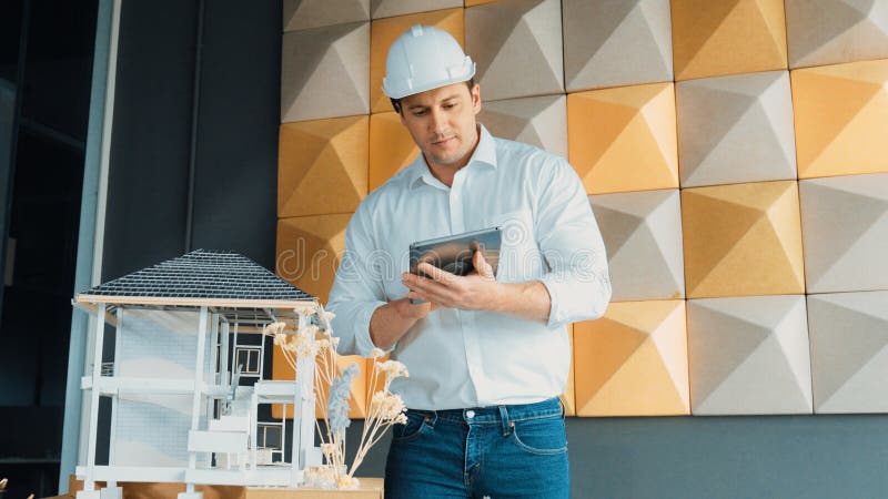 Smart Architect Engineer Using Tablet Analysis House Construction ...