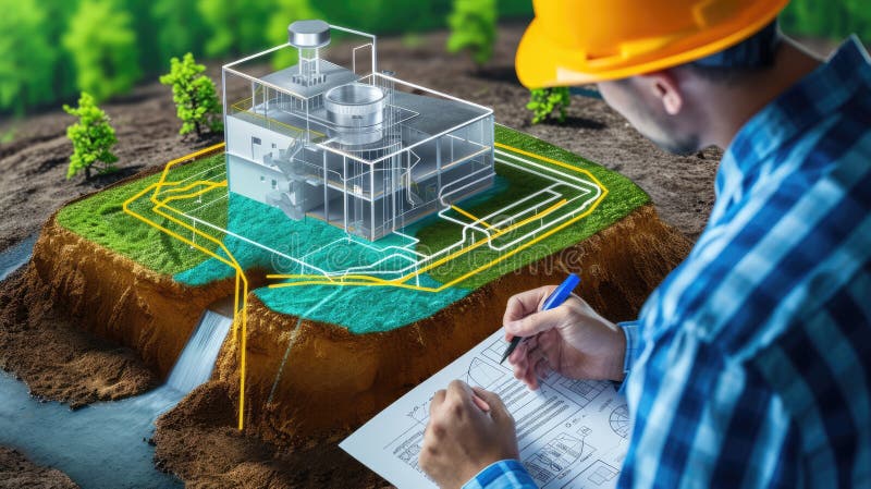 Professional Caucasian Civil Engineer Measuring and Drawing Blueprint ...