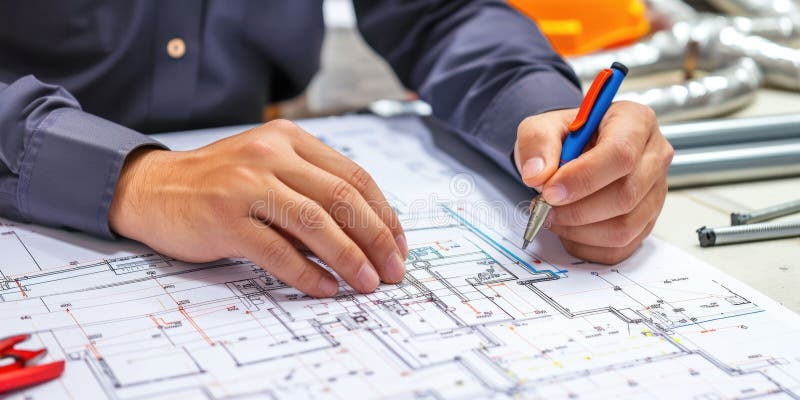 Professional Caucasian Civil Engineer Measuring and Drawing Blueprint ...