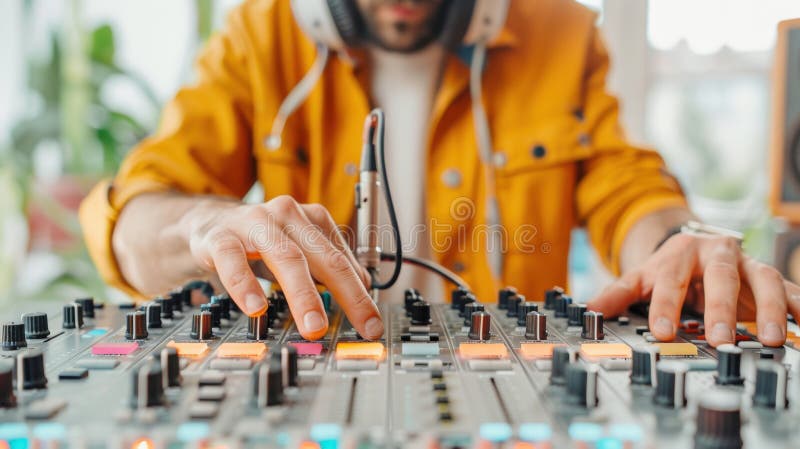 Professional Caucasian Sound Engineer Man Adjusting Audio Levels on ...