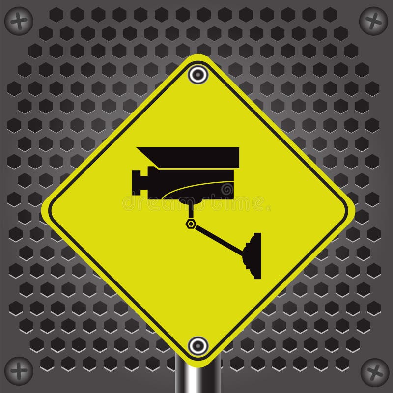 Professional CCTV Camera. Outdoor Video System. Yellow Warning Sign ...