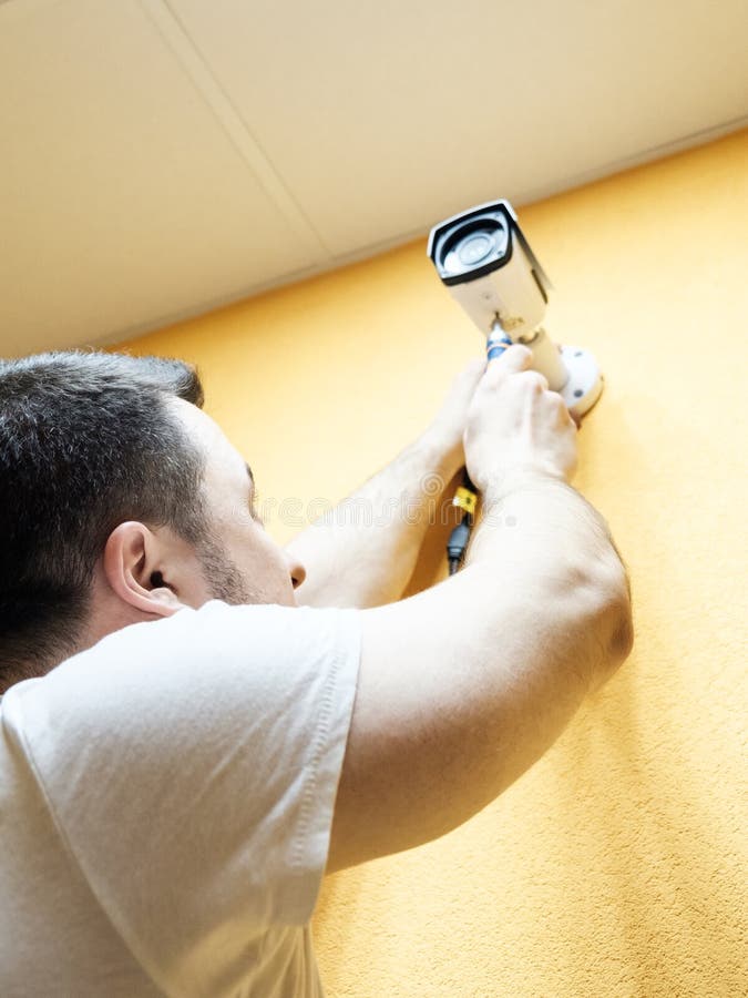 Technician Worker Installing Video Surveillance Camera Stock Image ...