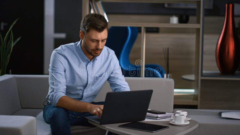 Professional Ceo Working Laptop Computer Device Browsing Social Media ...