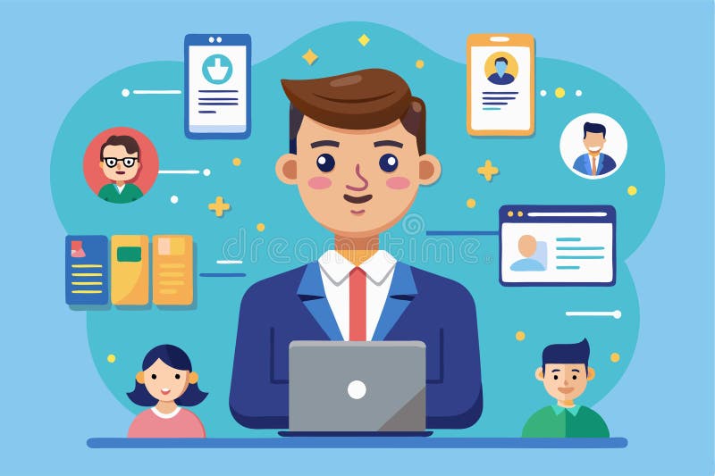 A Professional Character Engages with a Laptop while Profile Icons and ...