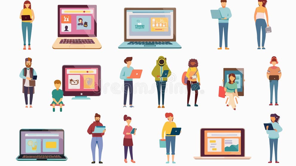 Professional Characters Working Online Using Laptop Computers Remotely ...