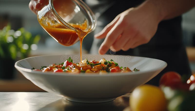 Professional Chef Adding Sauce To Tasty Dish at Table Indoors, Close Up ...