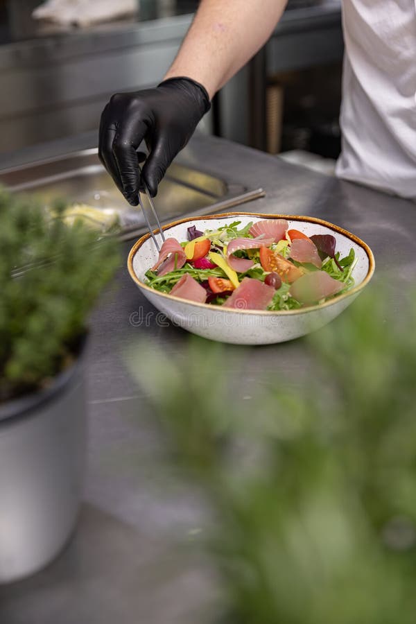 Professional Chef Carefully Preparing a Gourmet Salad Stock Image ...