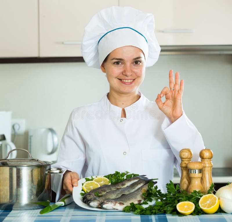Professional Chef Cooking Fresh Trout at Kitchen Stock Photo - Image of ...