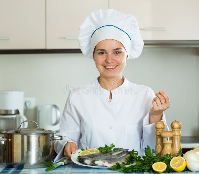 Professional Chef Cooking Fresh Trout at Kitchen Stock Image - Image of ...