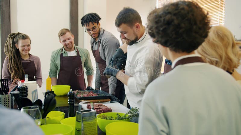 Professional Chef Cooking Meal Teaching Students Talking Enjoying Work ...