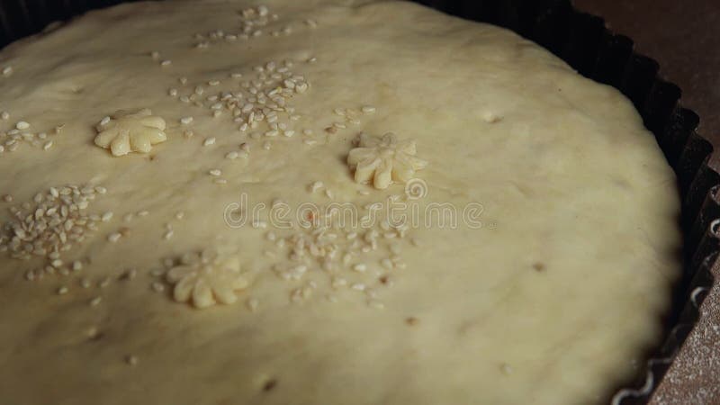 Professional Chef Makes Pie with Meat. Chef Puts Sesames on Top of Meat ...