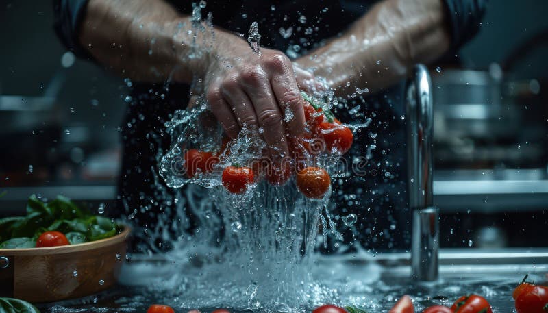 Professional Chef Washing Tomatoes in Kitchen Sink, Demonstrating ...