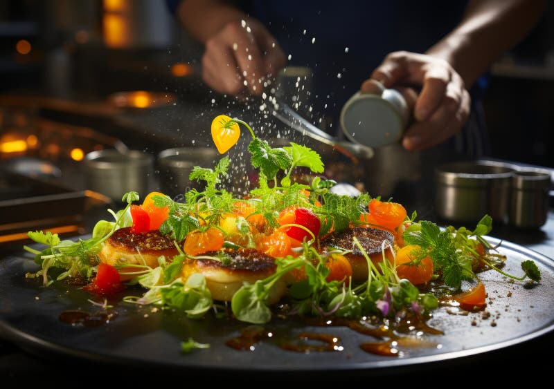 Professional Chef Preparing Gourmet Dish in Upscale Restaurant Kitchen ...