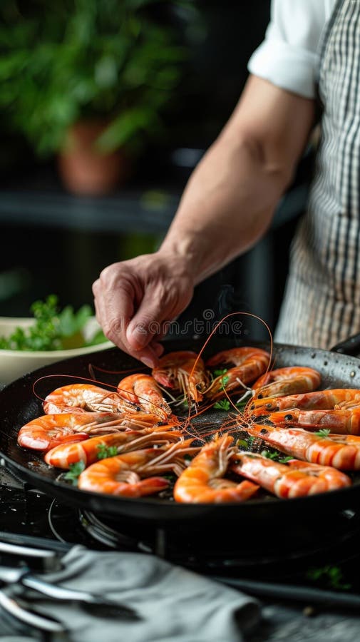 A Professional Chef is Seen Cooking Shrimp in a Hot Skillet in a ...