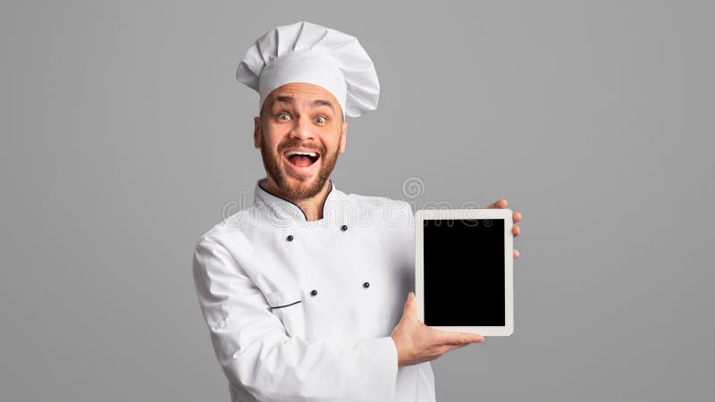 Professional Chef Showing Tablet Computer Blank Screen, Studio Shot ...