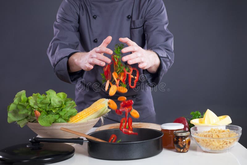 Professional Chef Throws Food in the Pan Stock Image - Image of ...