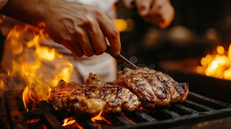Professional Chef Using Spatula To Cook Steak Over Open Fire, Achieving ...