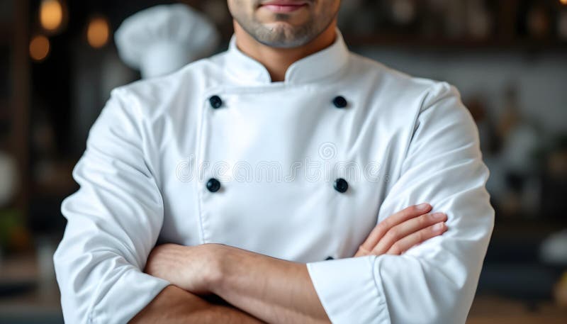 Professional Chef in White Uniform with Black Apron Standing in a ...