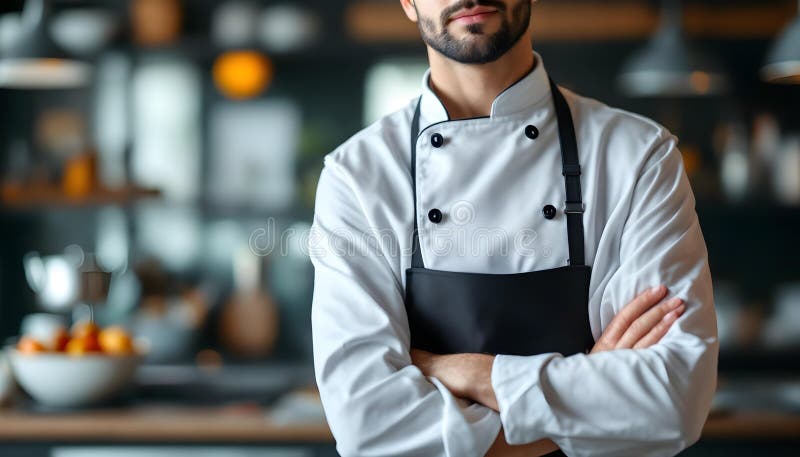 Professional Chef in White Uniform with Black Apron Standing in a ...