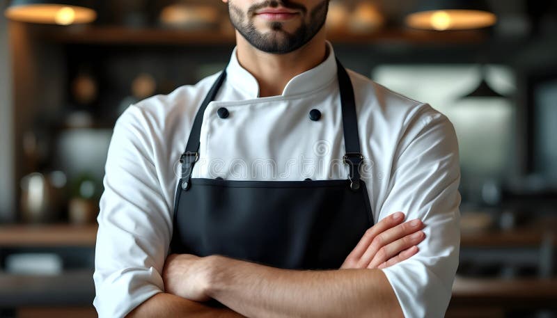 Professional Chef in White Uniform with Black Apron Standing in a ...